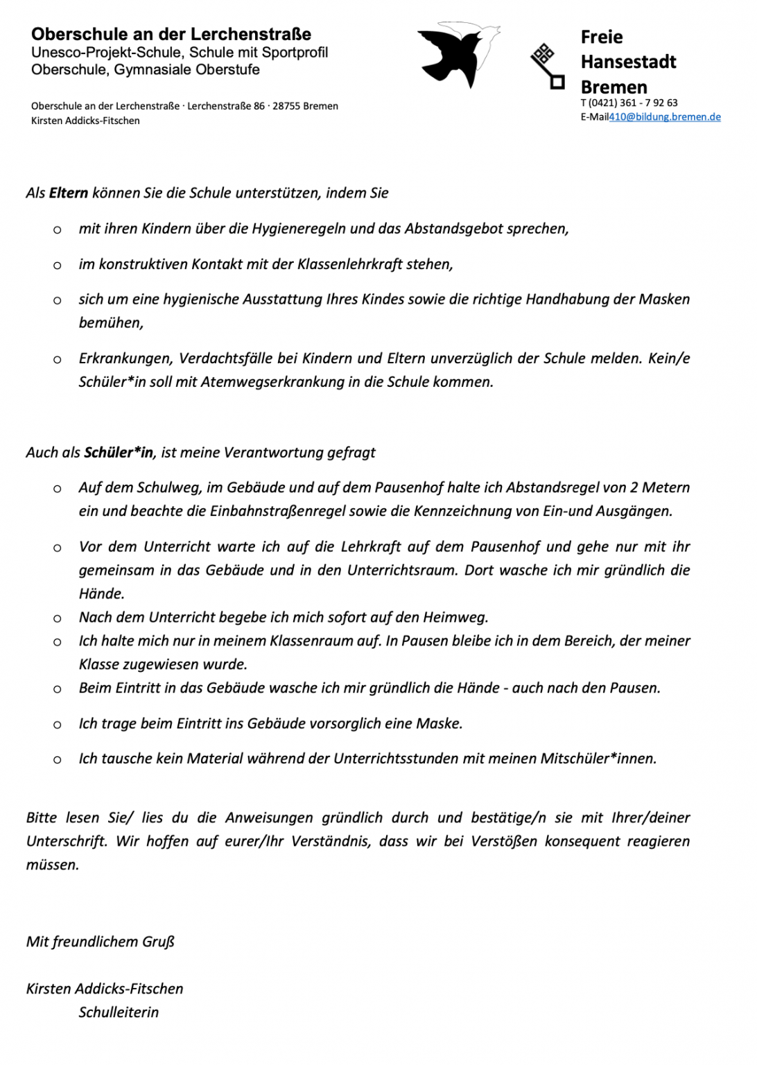 Schüler- und Elternbrief der Schulleiterin – Oberschule an der ...